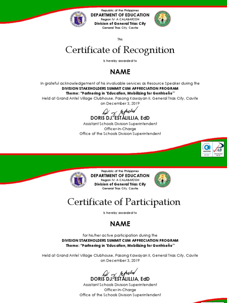 Division Stakeholders Summit Certificate | PDF
