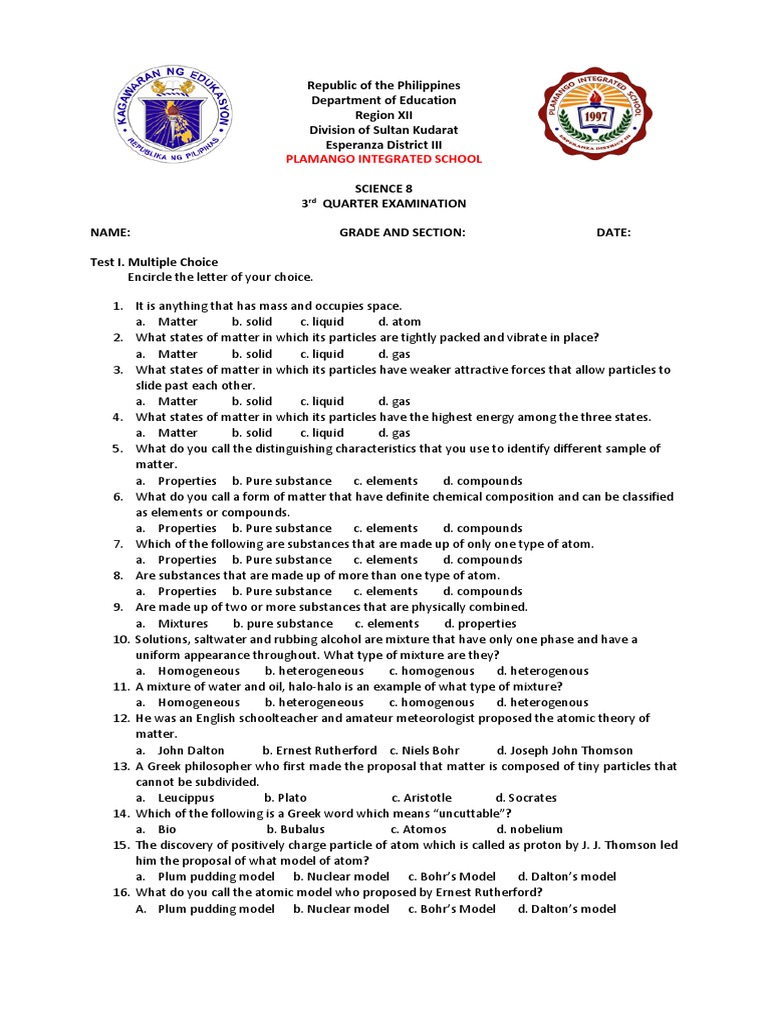 Science 8 Exam 3rd Quarter | PDF | Matter | Chemical Elements