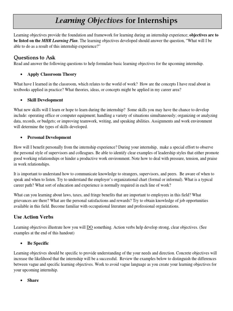 01149-MHR Internship Learning Objective Guidelines | PDF | Goal | Employment