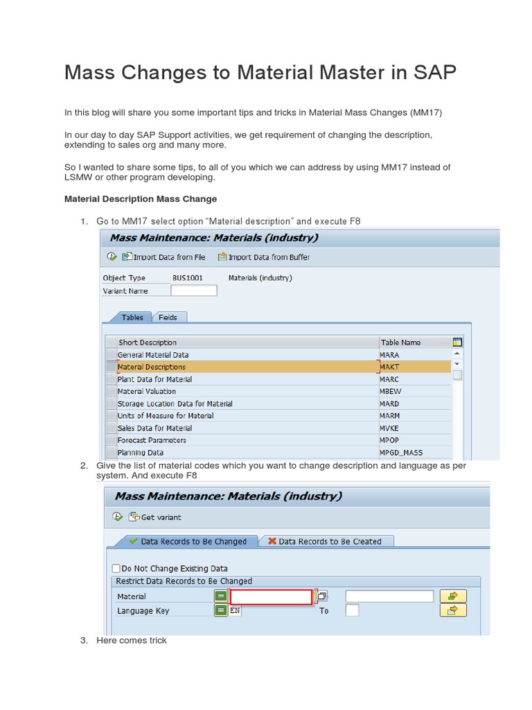 Mass Changes To Material Master in SAP | PDF