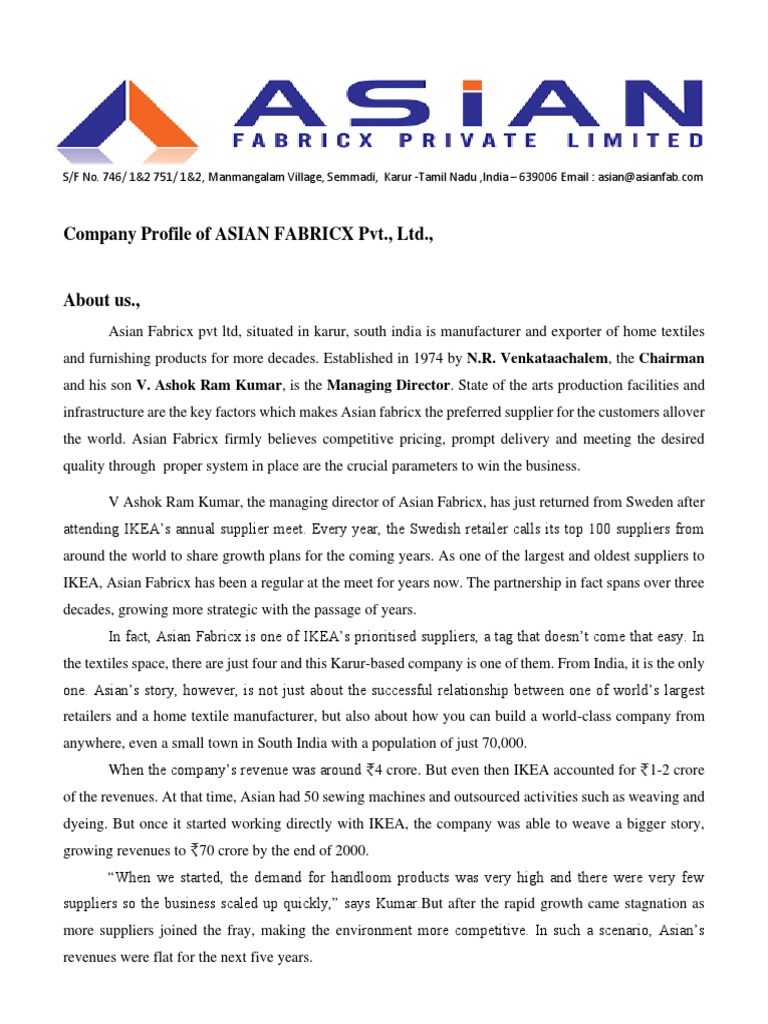 Asian Fabricx Company Profile | PDF | Weaving | Loom