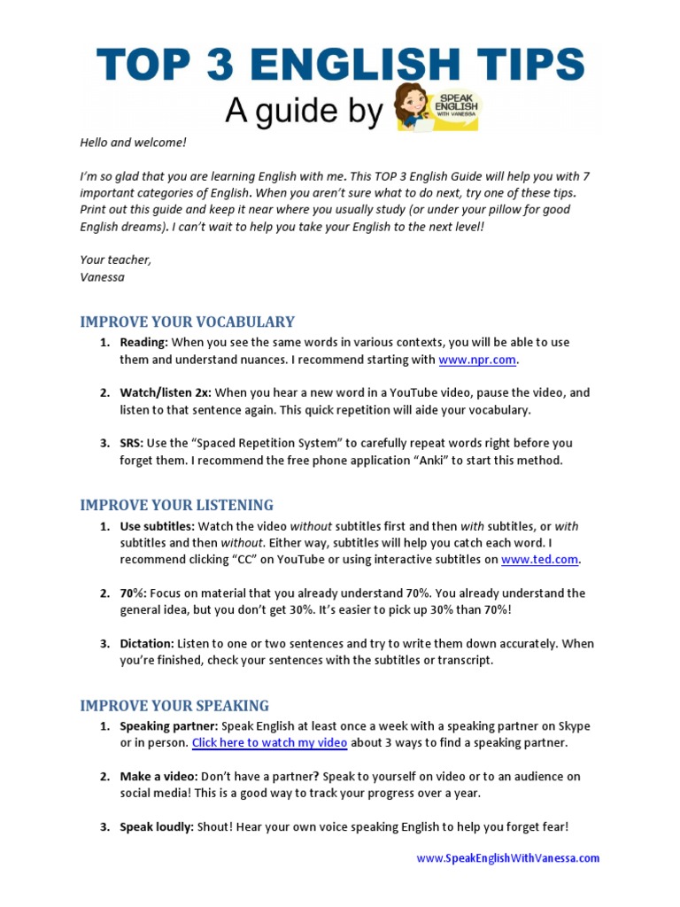 Top 3 English Tips for Learners | PDF | Fluency | Applied Linguistics