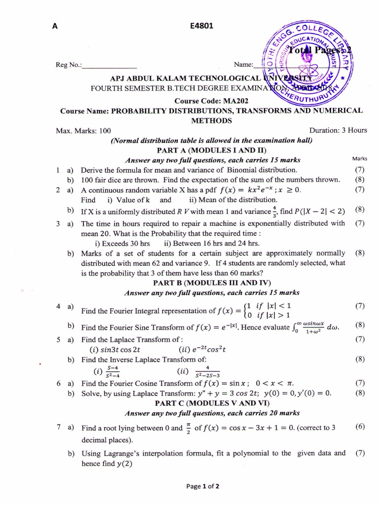 MA202 Probability Distributions, Transforms and Numerical Methods, April 2018 PDF | PDF | Sine ...
