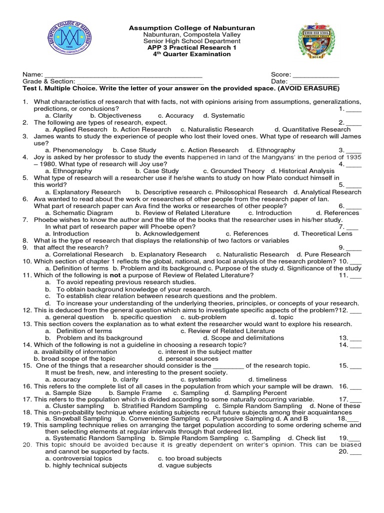 Senior High Research Exam - Nabunturan | PDF | Sampling (Statistics ...