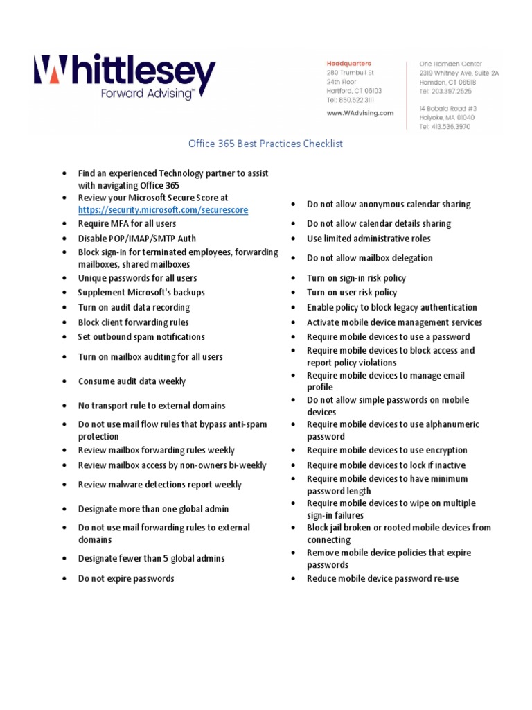 Office 365 Security Best Practices Checklist | PDF | Password | Areas ...