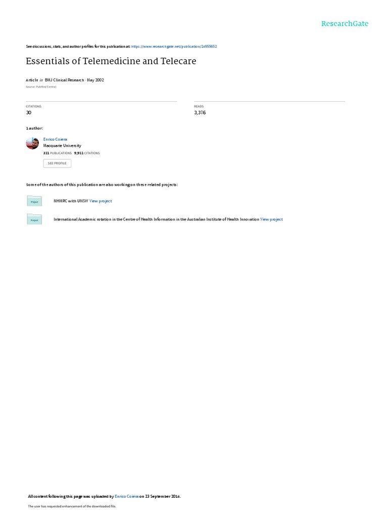 Essentials of Telemedicine and Telecare | PDF | Data Compression | Videotelephony
