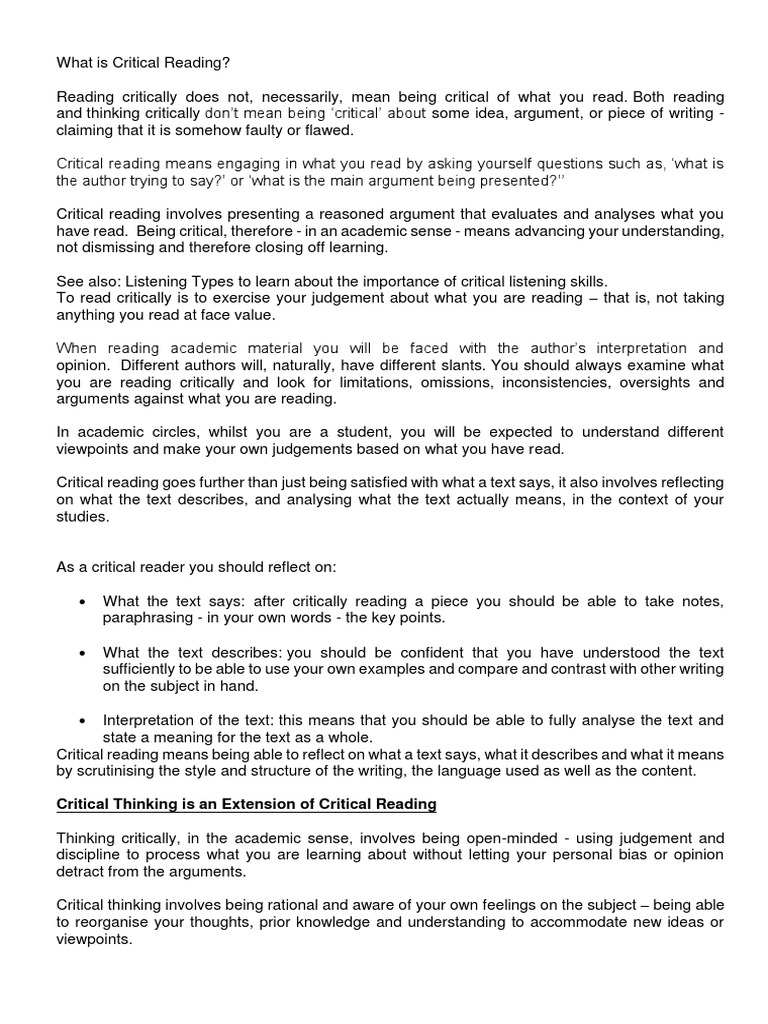 What Is Critical Reading | PDF | Critical Thinking | Speed Reading