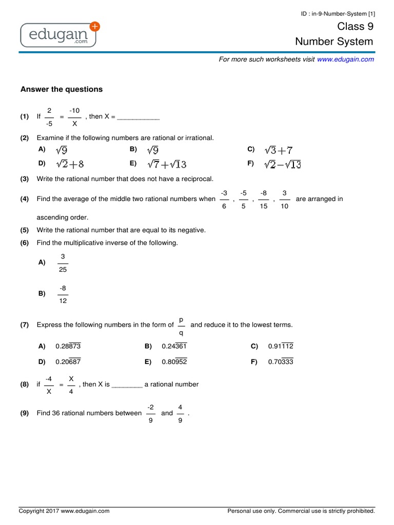 Grade 9 Number System in PDF | PDF | Rational Number | Numbers