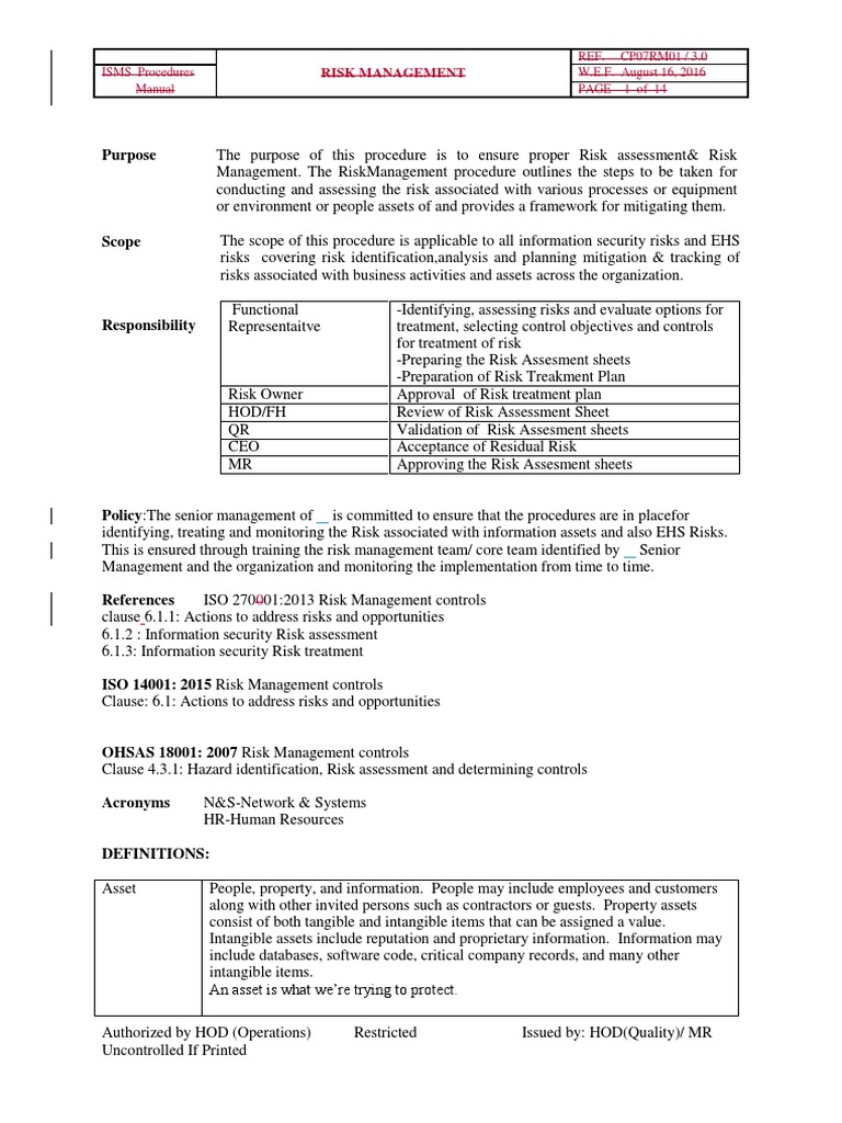 Procedure On Risk Management | PDF | Risk Management | Information Security