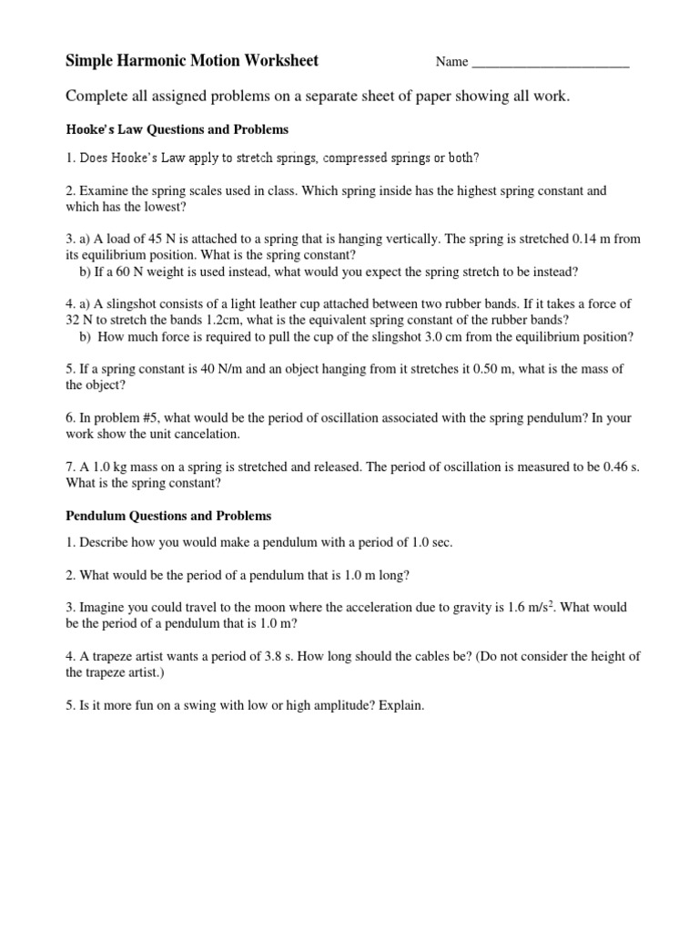 Simple Harmonic Motion Worksheet | PDF | Oscillation | Mechanical ...