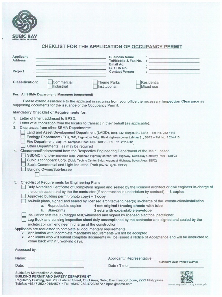SBMA Checklist For The Application of Occupancy Permit | PDF