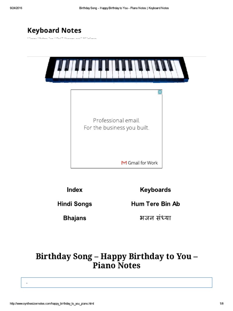 Birthday Song - Happy Birthday To You - Piano Notes - Keyboard Notes | PDF