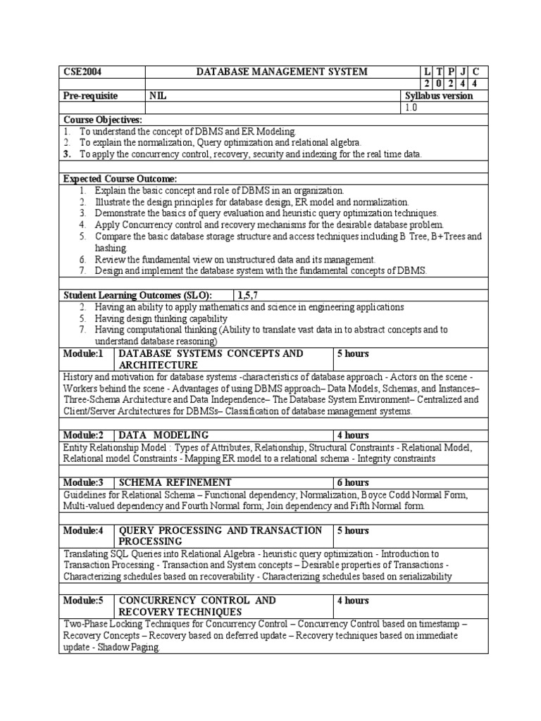 Database Management Systems: A Syllabus for a Course Covering ...
