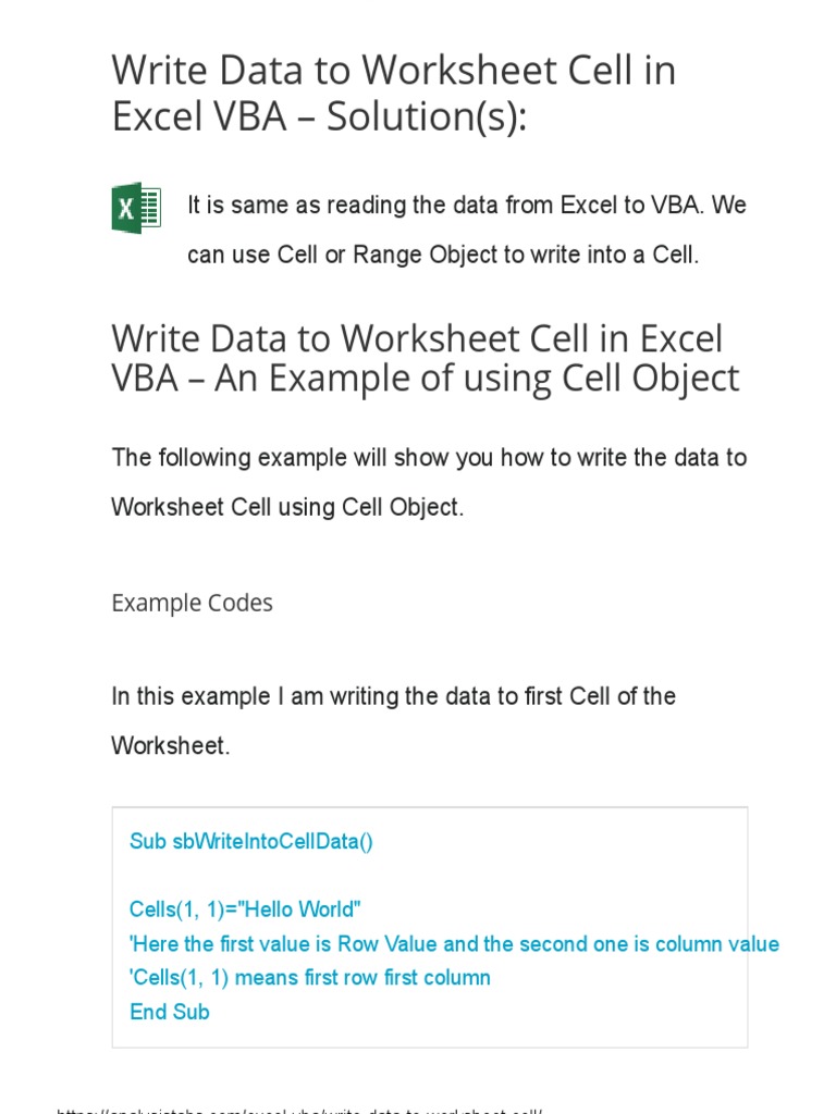 Write Data To Worksheet Cell in Excel VBA - ANALYSISTABS - Innovating ...