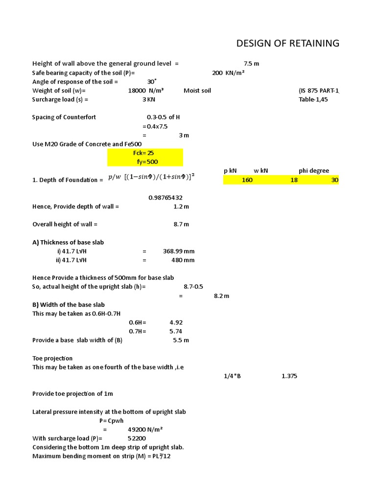 Design of RCC Retaining Wall | PDF | Building Engineering | Structural ...
