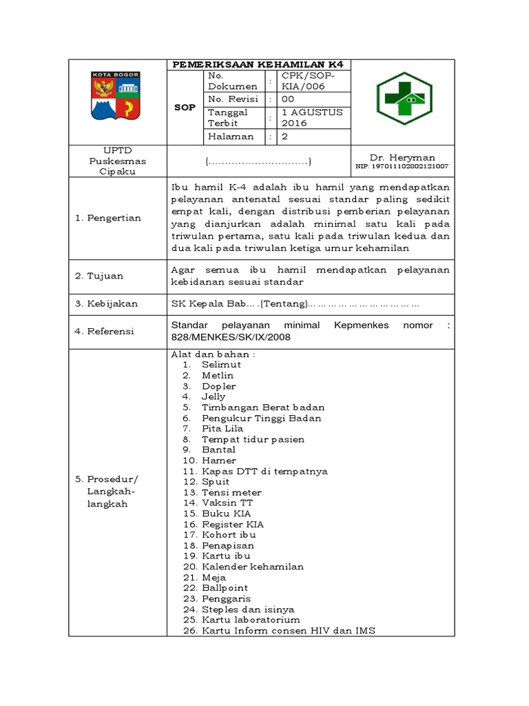 6 Sop Pemeriksaan Kehamilan K4 | PDF