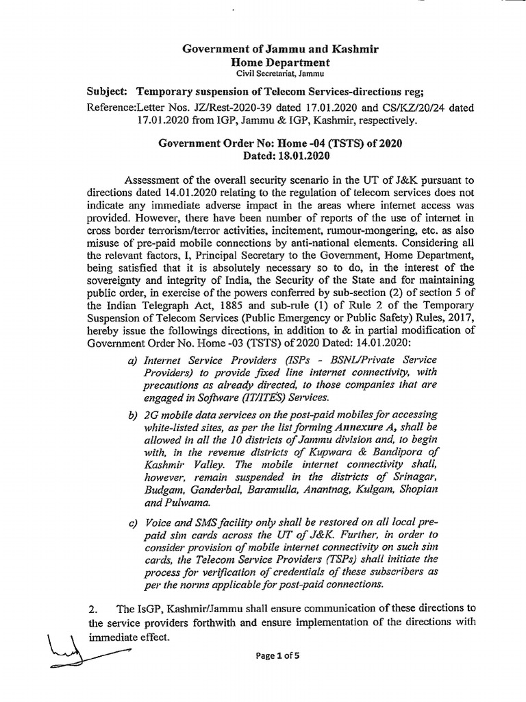 Temporary Suspension of Telecom Services | PDF