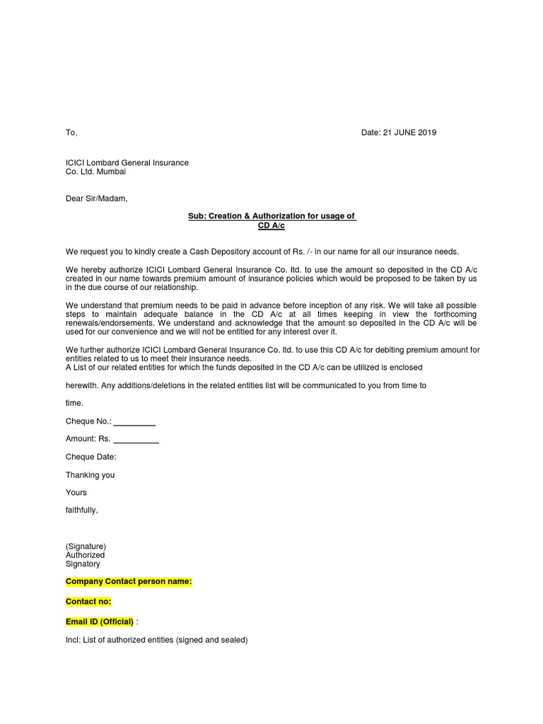 Auth Letter Format CD Opening | PDF