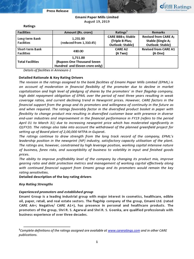 Emami Paper Mills Limited-08-19-2019 PDF | PDF | Credit Rating Agency ...