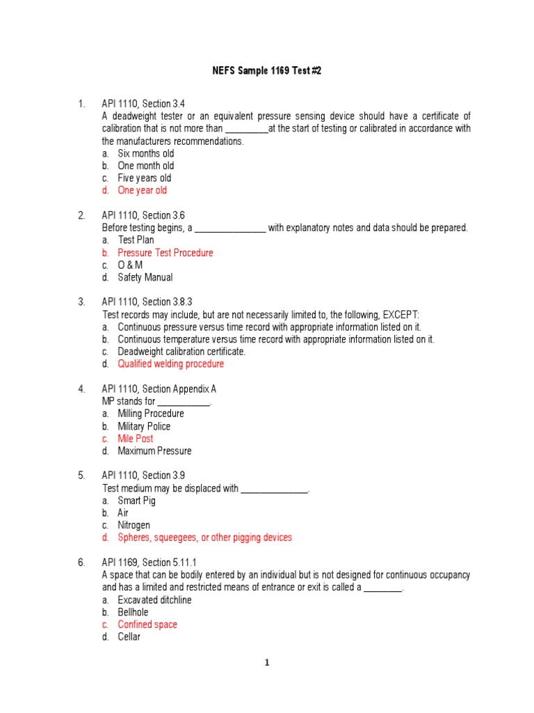 NEFS Sample Test for API 1169 Exam | PDF | Pipe (Fluid Conveyance ...