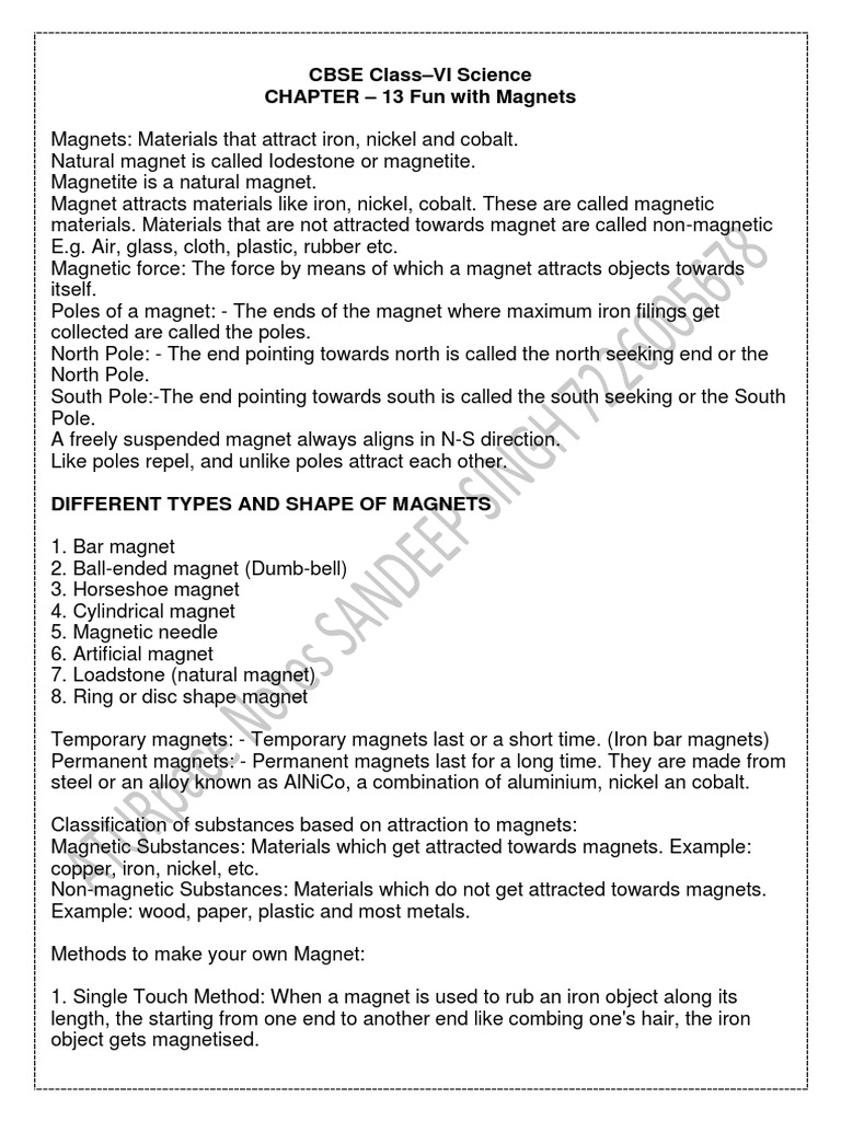 CBSE Class 6 SCIENCE MAGNETISM | PDF | Magnet | Magnetism