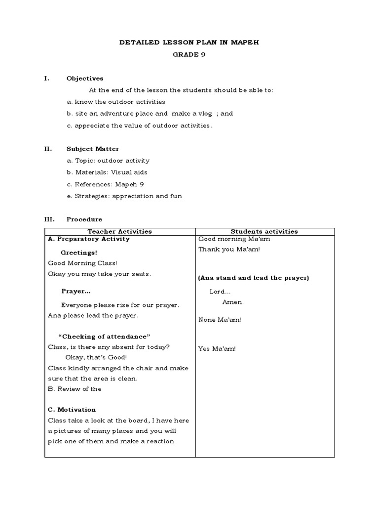 Outdoor Activities-Done | PDF | Outdoor Recreation | Lesson Plan