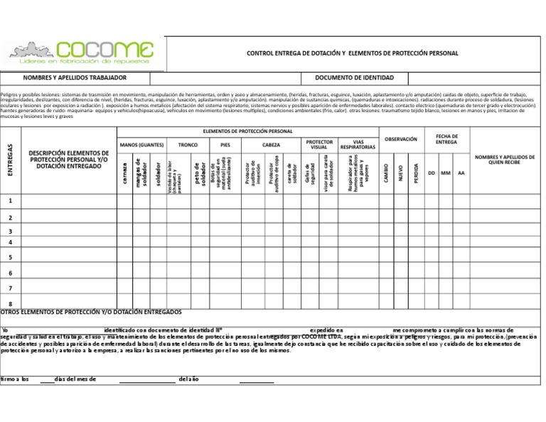 Planilla de Epp | Descargar gratis PDF | Quemar | Soldadura