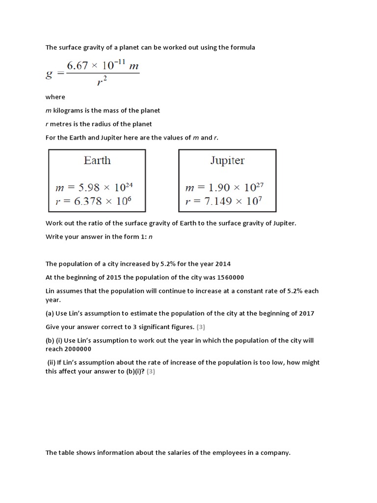 Surface Gravity Calculation and Population Growth | PDF