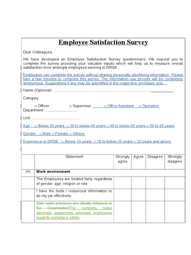 Employee Satisfaction Survey Form | PDF | Work–Life Balance | Employment