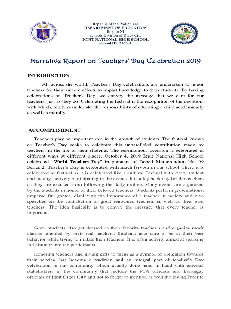 Narrative Report On Teachers Day | PDF