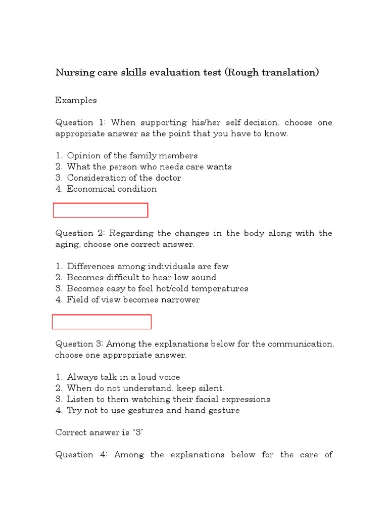 Nursing Care Skills Evaluation Test Samples in English | PDF