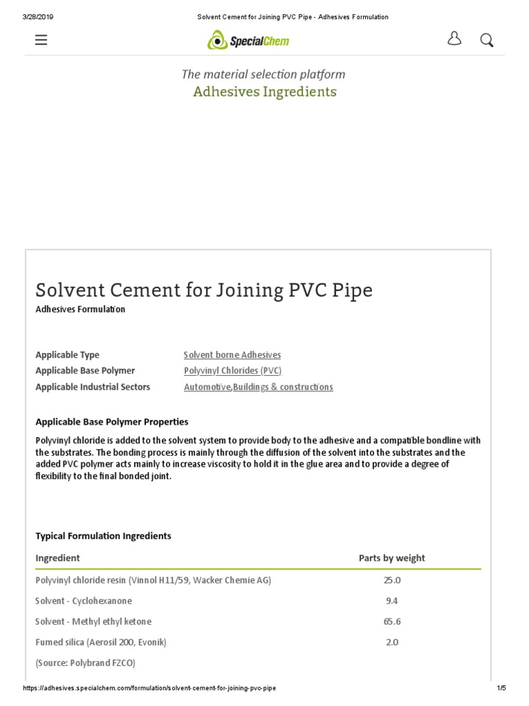 Solvent Cement For Joining PVC Pipe - Adhesives Formulation 28-3-2019 ...