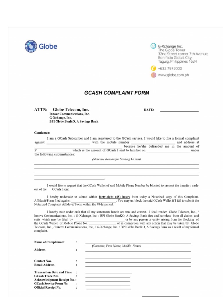 GCash Complaint and Settlement Form | PDF