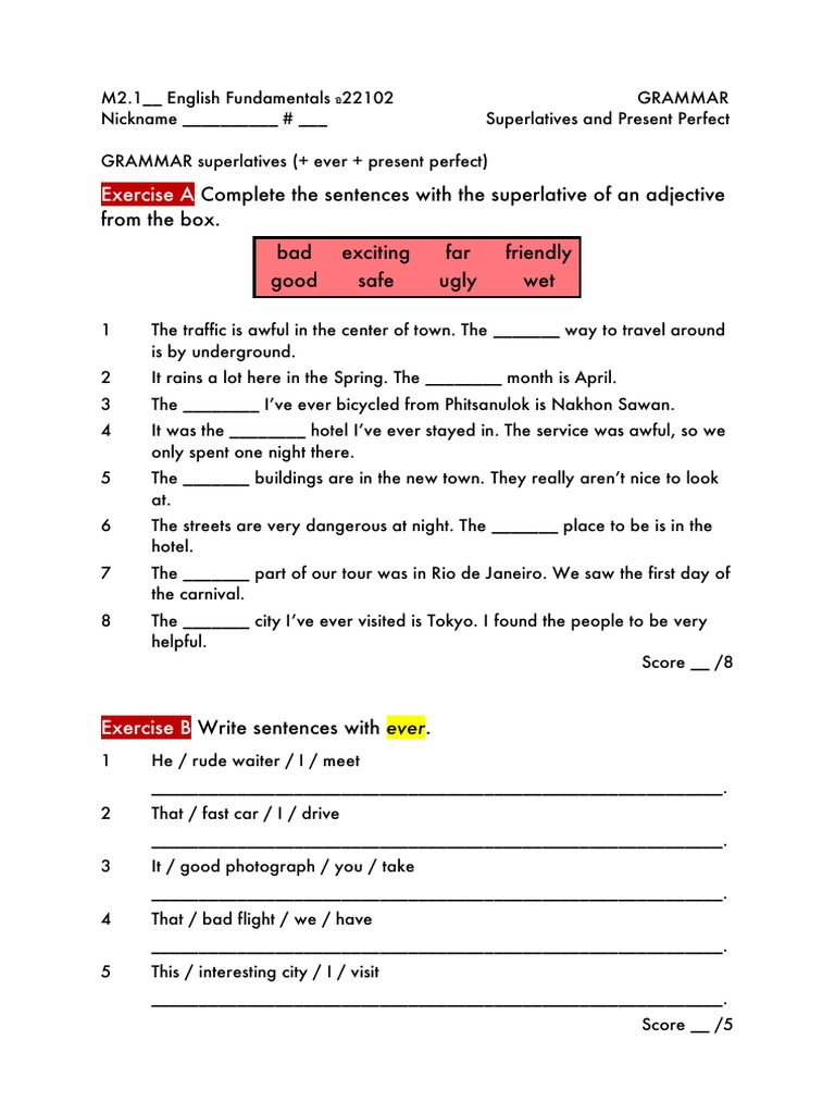 Superlatives in Present Perfect Exercises | PDF