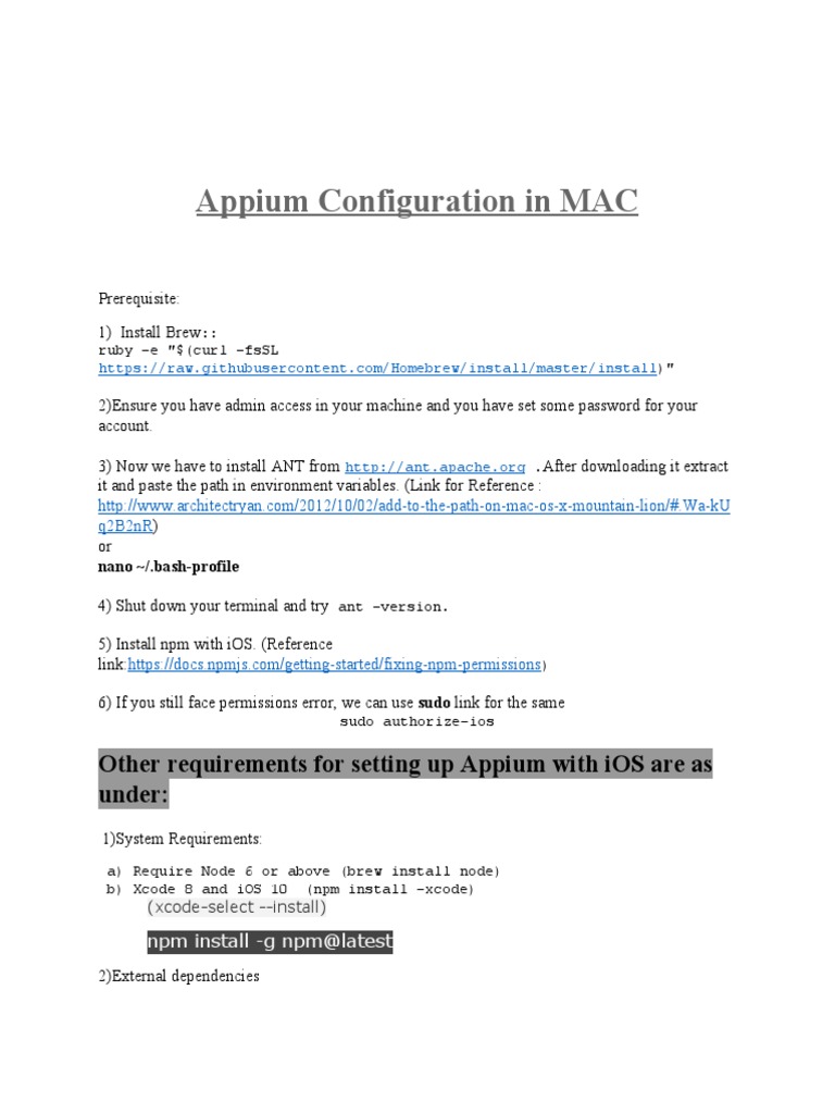 Set Up For Appium iOS PDF | PDF | Sudo | Operating System Families