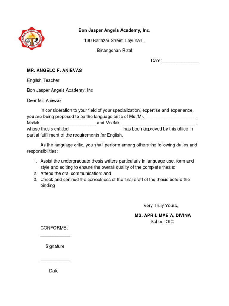 Request Letter For Language Critic Bon Jasper Angels Academy | PDF