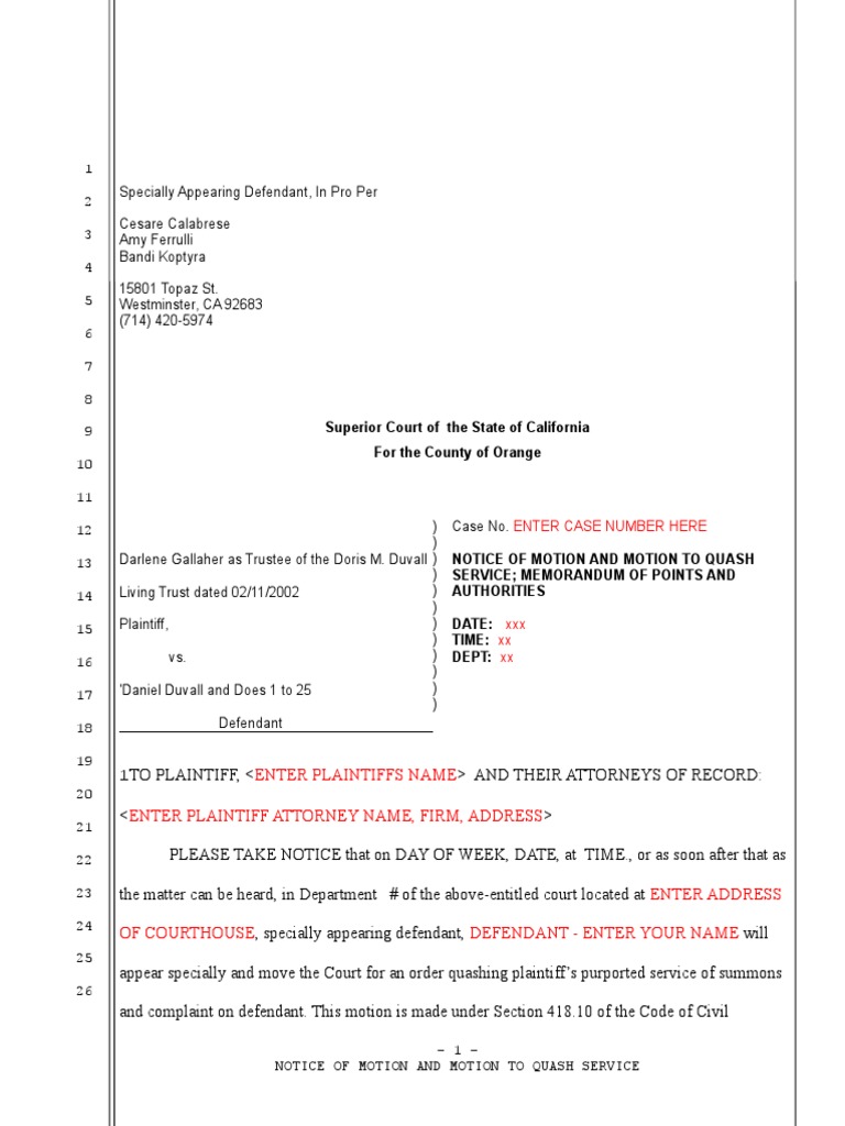 Motion To Quash Service - Doc - 1 | PDF | Summons | Complaint