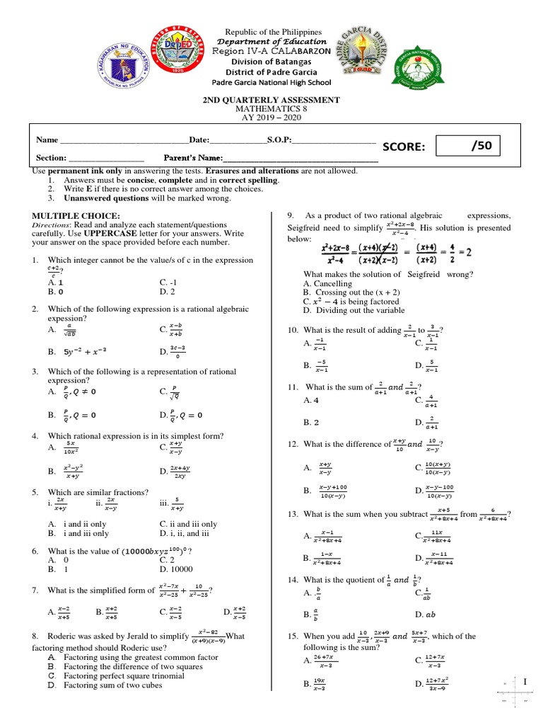 2nd Periodical Test | PDF | Fraction (Mathematics) | Cartesian ...