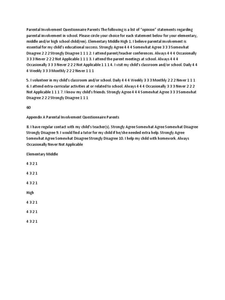 Parental Involvement Questionnaire Parents The Following Is A List of | PDF