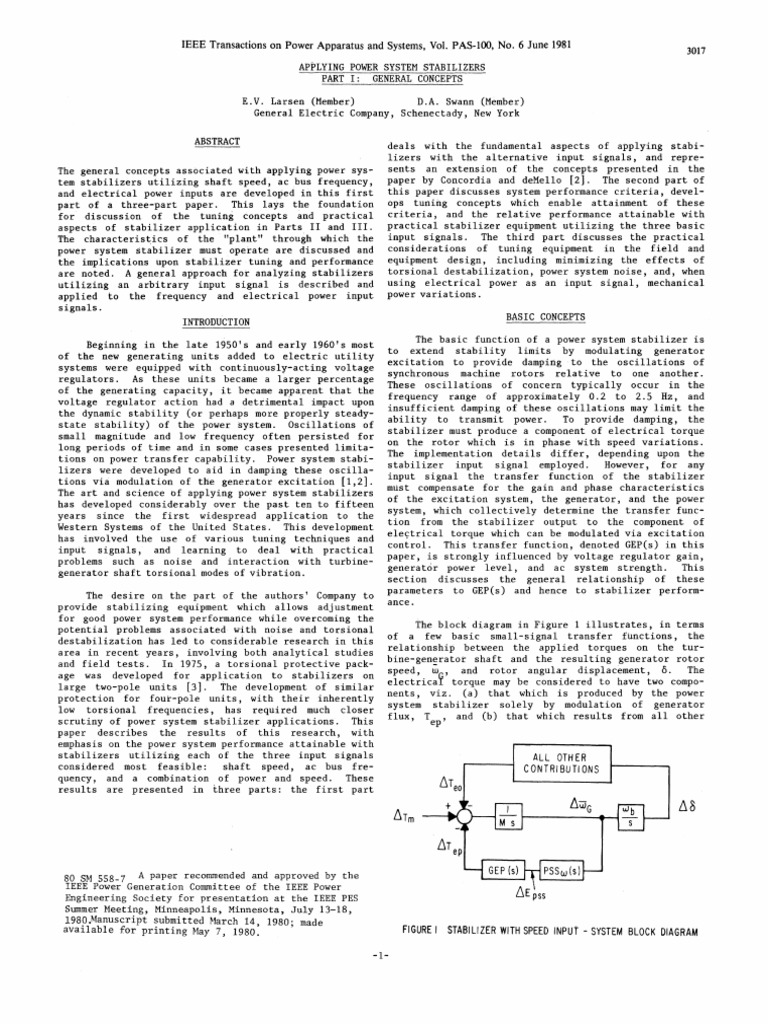 Applying Power System Stabilizers Part I - General Concepts | PDF ...