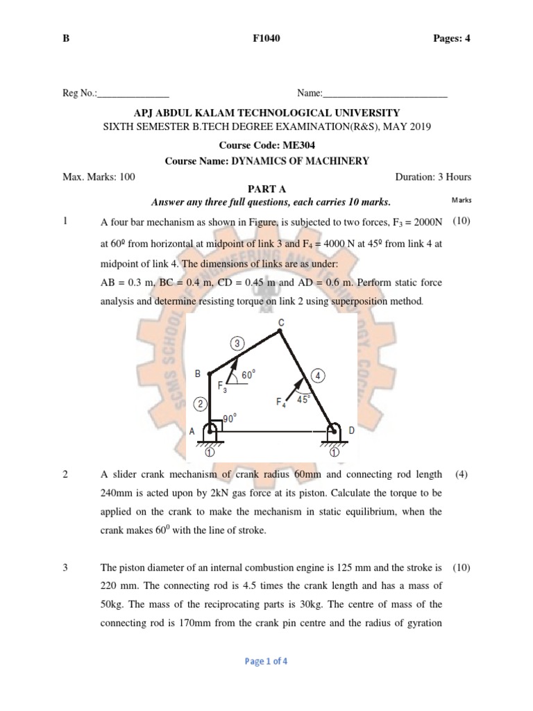Dynamics of Machinery Exam May 2019 | PDF | Torque | Force