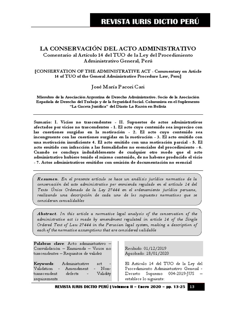 La Conservación Del Acto Administrativo - Autor José María Pacori Cari ...