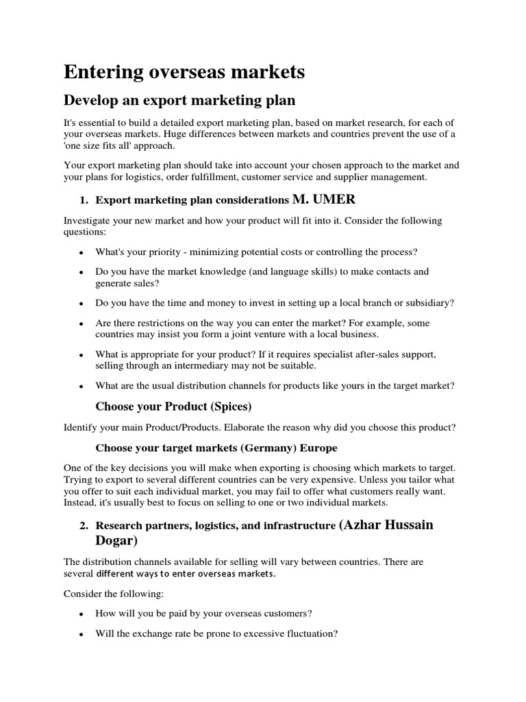 Intl. Export Marketing Project Outline | PDF | Marketing | Exports
