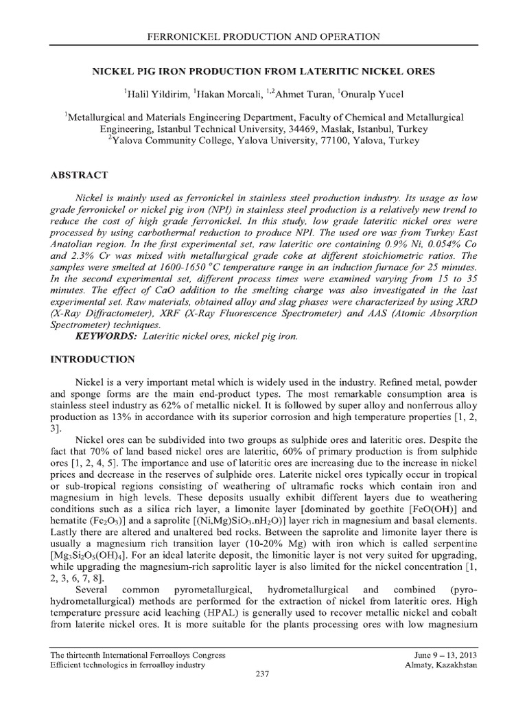 Nickel Pig Iron Production From Lateritic Nickel Ores PDF | PDF ...
