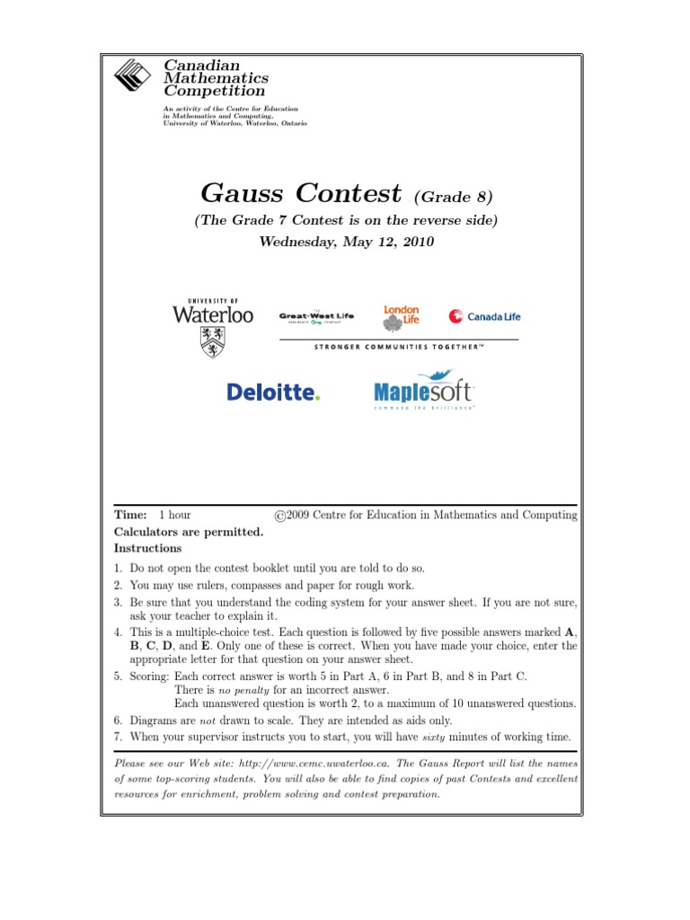 Gauss Contest: Canadian Mathematics Competition | PDF