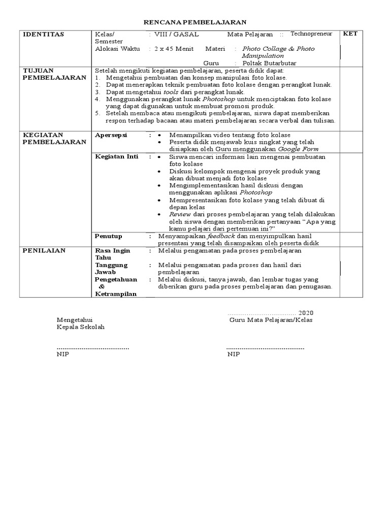 Contoh RPP 1 Lembar | PDF