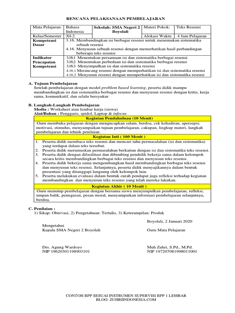 Contoh RPP Sesuai Instrumen Supervisi RPP 1 Lembar | PDF