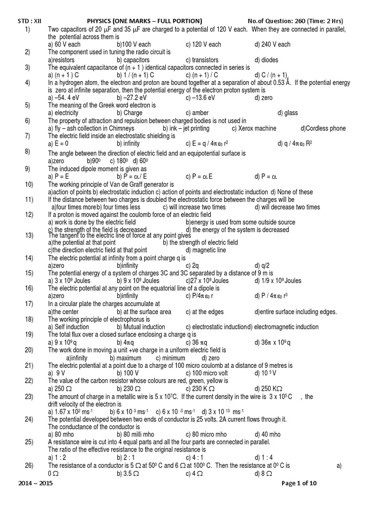One Marks Physics Exam: 260 Multiple Choice Questions Covering ...