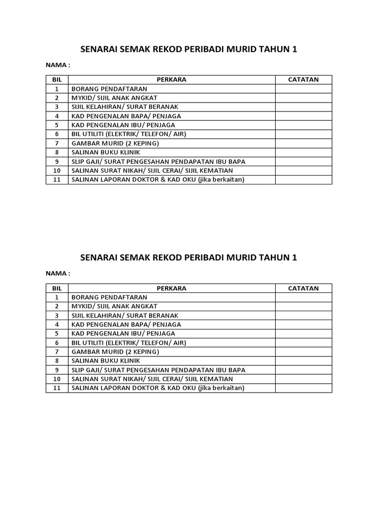 Senarai Semak Rekod Peribadi Murid Tahun 1 | PDF