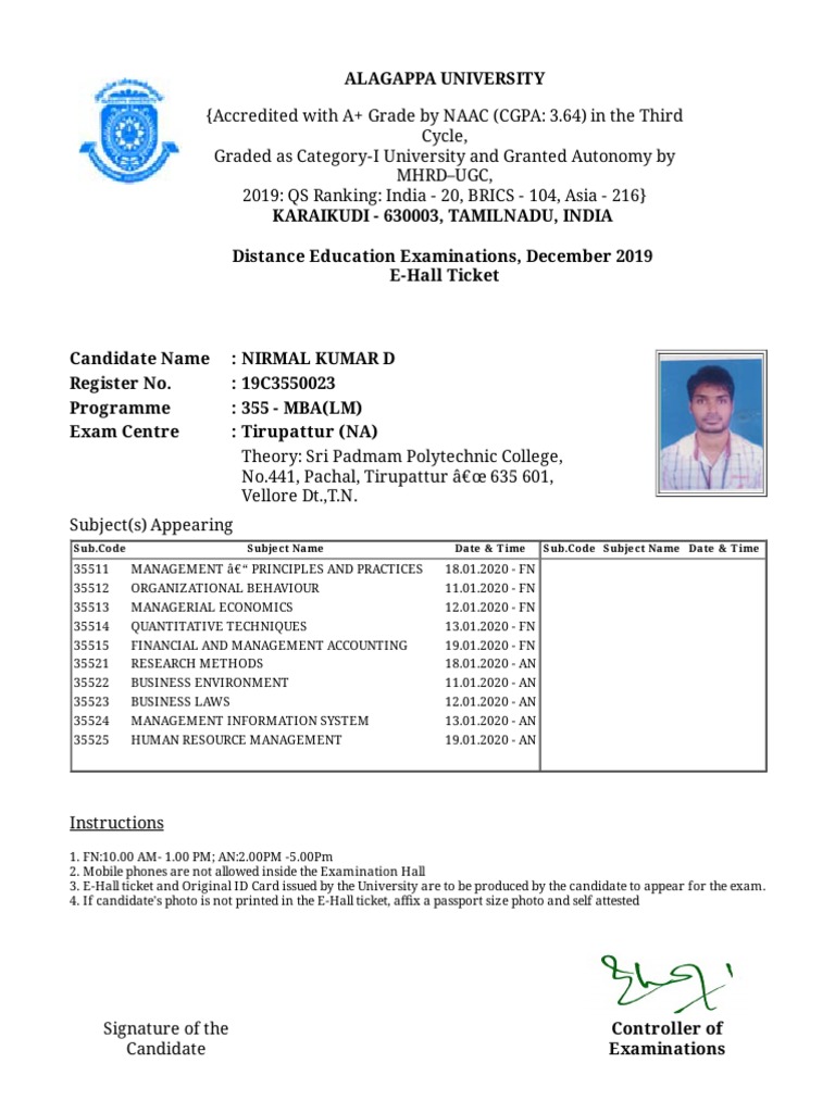 Exam - Alagappauniversity.ac - in Exam Student Hall Ticket Al - PHP PDF ...